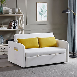 LUMISOL 3-in-1 Muti-Functional Sleeper Sofa with Pull Out Bed, Convertible Sofa Bed w/Adjustable Backrest and Pillows, Modern Upholstered Loveseat Sofa with w/ 2 Big Side Pockets and USB Socket