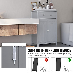 COSTWAY Bathroom Floor Cabinet, Wooden Side Storage Organizer w/Larger Drawer, Adjustable Shelf & 2-Door Cupboard, Freestanding Storage Cabinet for Living Room, Kitchen, Entryway (Grey)
