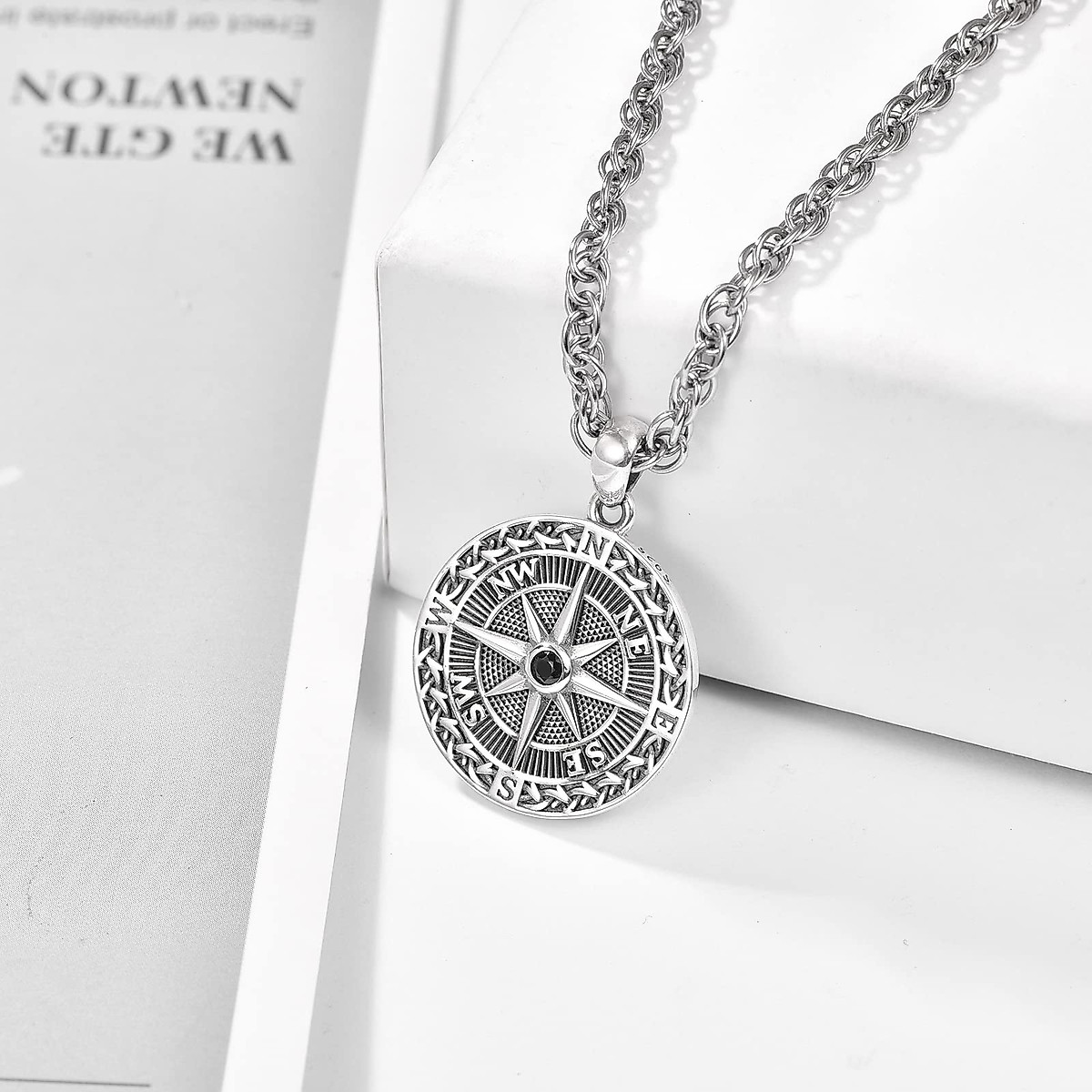 KINGWHYTE Compass Necklace 925 Sterling Silver Oxidized Retro Celtic Jewellery Compass Birthday Gifts for Men Women with Stainless Steel Chain 55cm