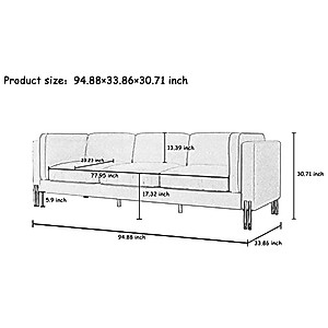 Hommoo Faux Leather Sofa 94" Large 3 Seater Sofa with Removable Cushions Mid Century Modern Couch for Living Room Comfy Couch with Gold Metal Legs Apartment Couch Brown