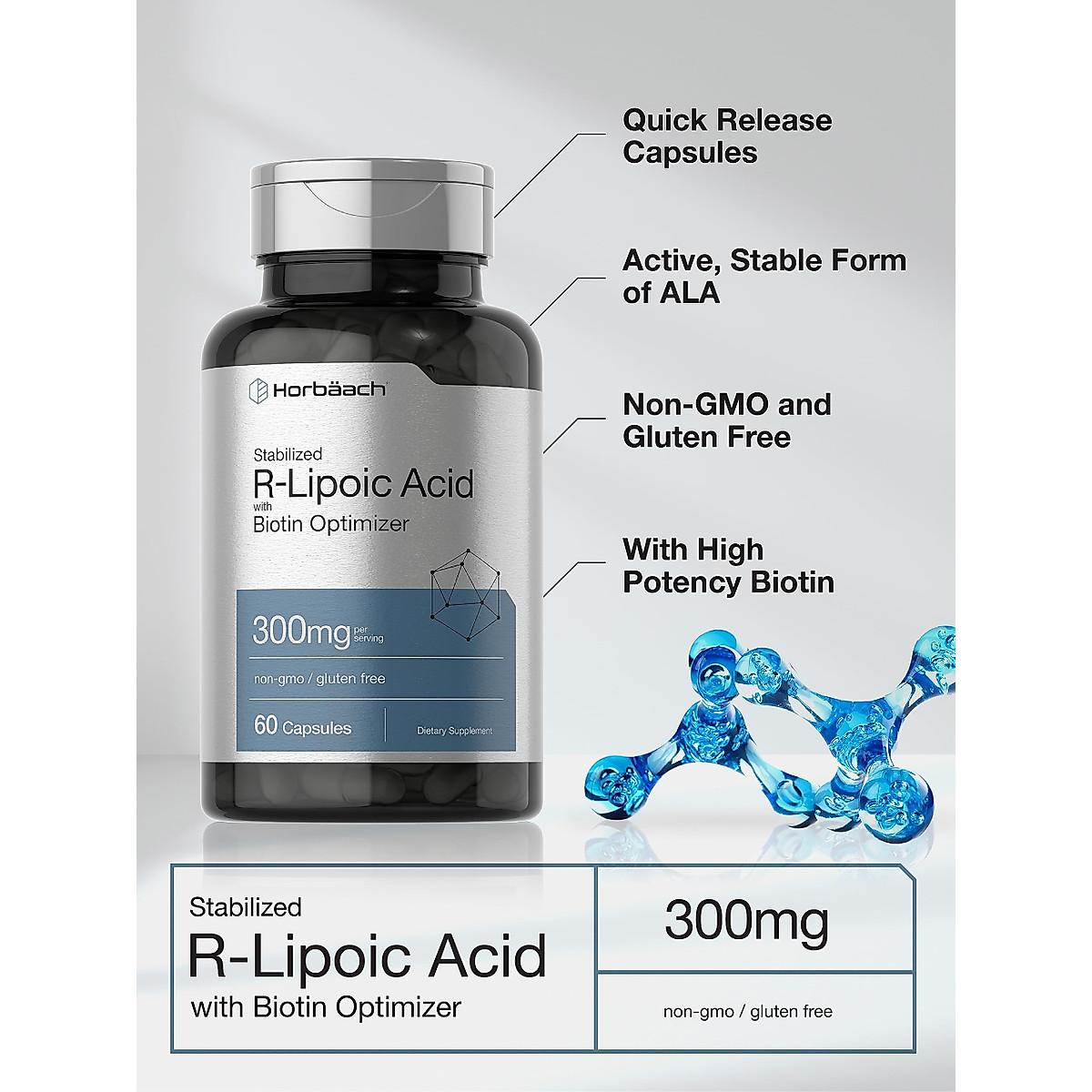 Horbäach Stabilized R-Lipoic Acid 300mg | 60 Capsules | with Biotin Optimizer | Non-GMO, Gluten Free | Na-RALA Supplement