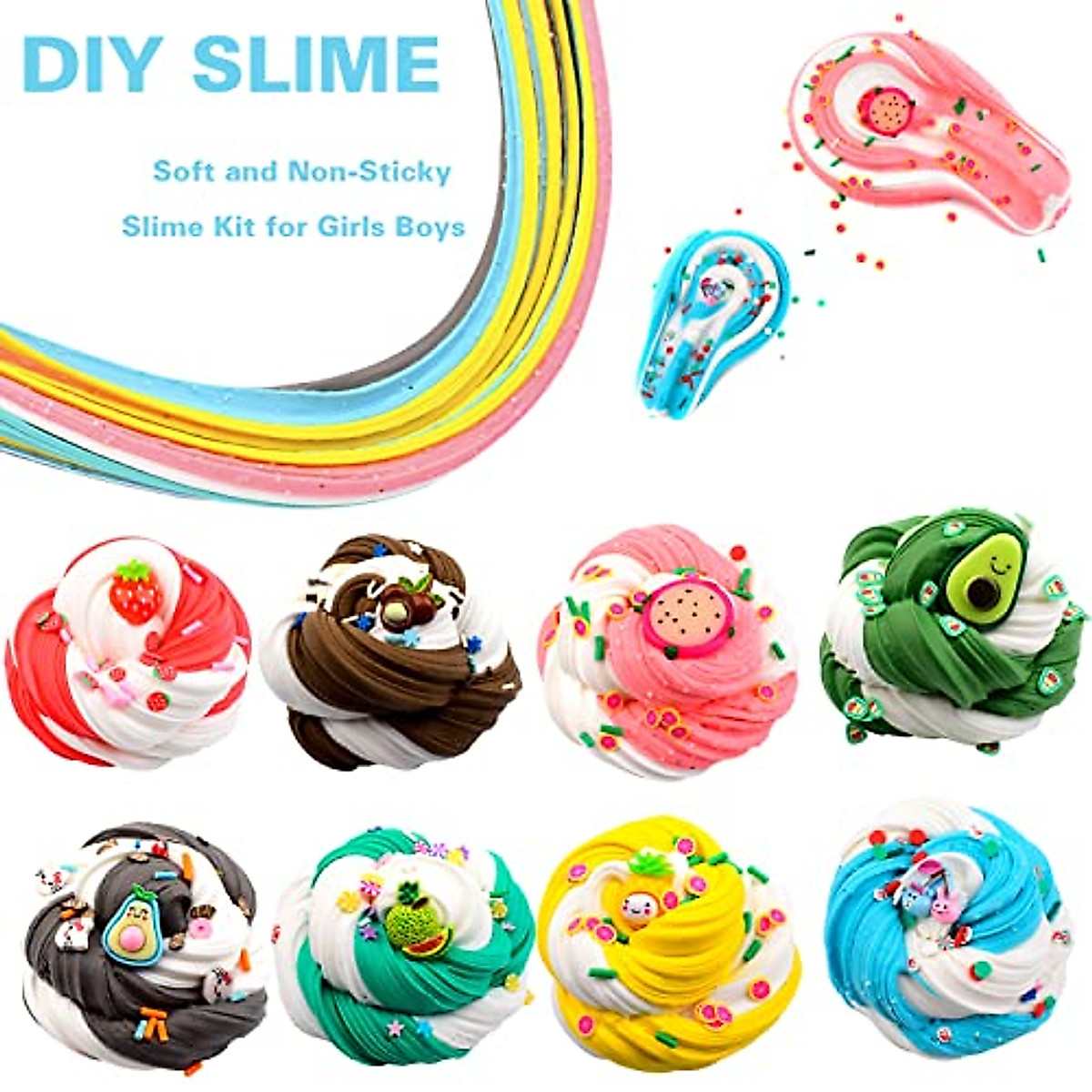 Butter Fruit Slime Kit for Girls 8 Pack, Stretchy and Non-Sticky, Slime Party Favors for Kids, with Strawberry Cherry Slime Cute Charms etc, Stress Relief Putty Toys for Kids, Cute Stuff for Girls