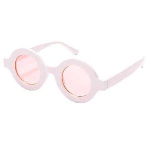 Fuaisi Retro Fashion Oversized Thick Bold Frame Round Sunglasses Anti-UV Outdoor Colorful Glasses (White Frame/Pink Lens)