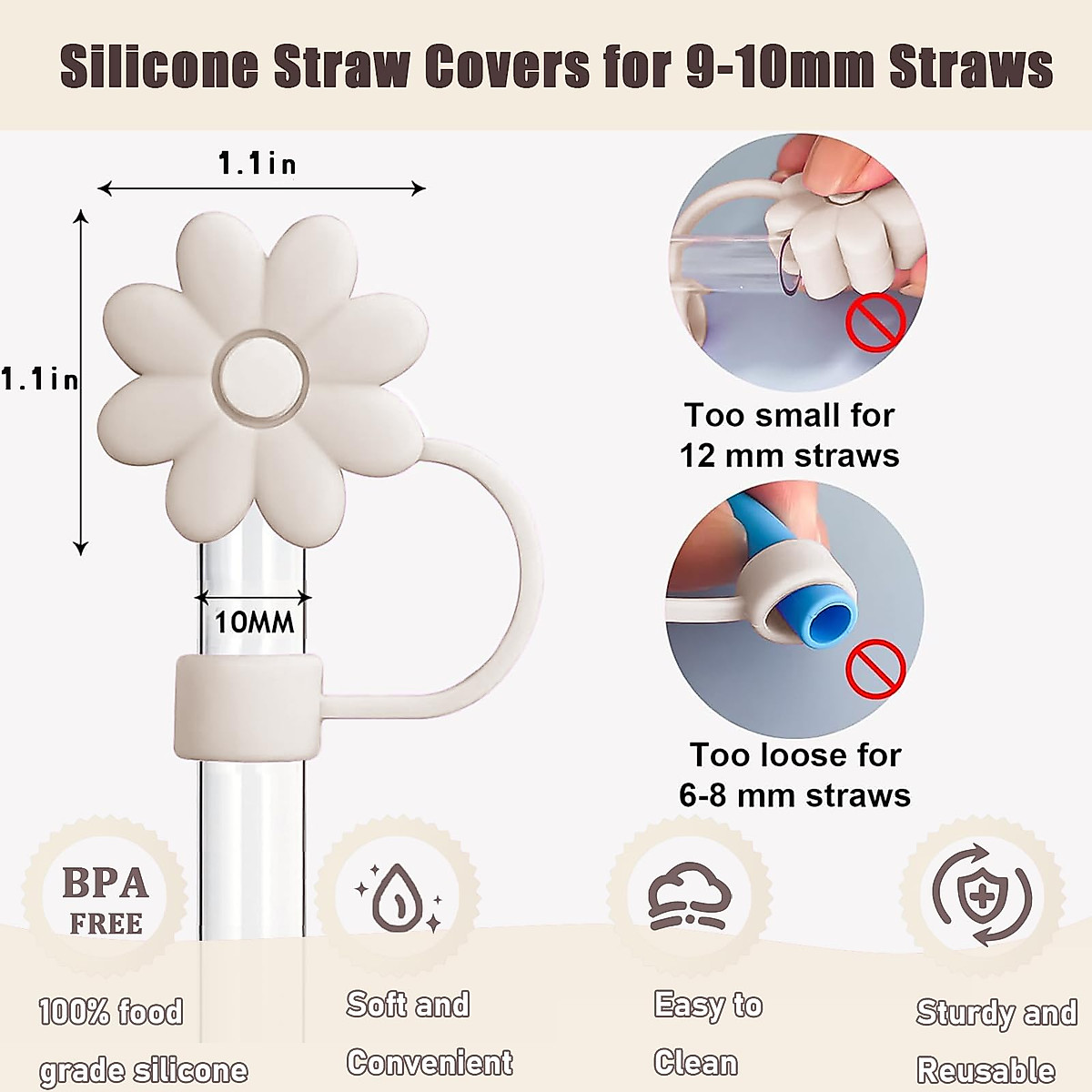 SEMATA Flower Straw Covers Toppers for Stanley Cups 30&40 Oz Tumbler with Handle Accessories 4PCS Silicone Straw Caps Reusable Straw Tips Protectors for Stanley Cup 10mm 0.4in Straws,Off White