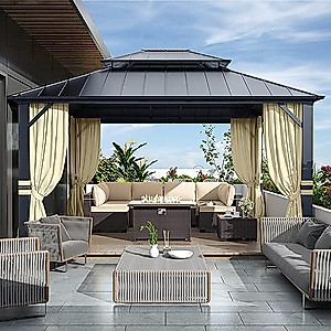 12' x 14' Hardtop Gazebo,Outdoor Galvanized Steel Metal Double Roof Gazebo with Curtains and Netting for Patios,Gardens,Lawns,Cream