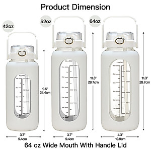 chunmo 64oz Glass Water Bolttles with Straw Half Gallon Large Motivational Water Bottle with Time Marker Sports Water Bottles with Silicone Sleeve and Handle Lid Water Jug for Gym Workout