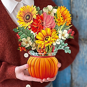 Freshcut Paper Pop Up Cards, Pumpkin Harvest 12 inch Paper Flower Bouquet Greeting Cards with Blank Note Card & Envelope, Thanksgiving Cards, Fall Cards, Sunflower Birthday Gifts for Women