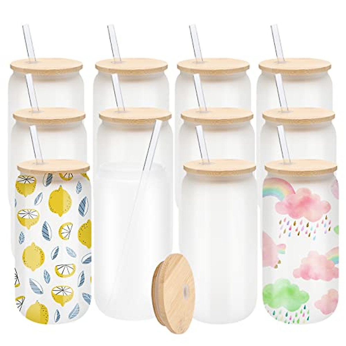 WHEATHUSK 12 Pack Sublimation Glass Cans Frosted 16oz Blanks Beer Can Borosilicate Glasses Tumbler with Bamboo Lids and Straws for Beer, Juice, Soda, Iced Coffee, Drinks (12)
