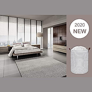 FRIENDIY Large Laundry Hampers (9 Colors), Removable Laundry Basket,foldable fabric laundry basket, drawstring waterproof round cotton linen storage basket. (White Strips, Thickened 19"/Large)