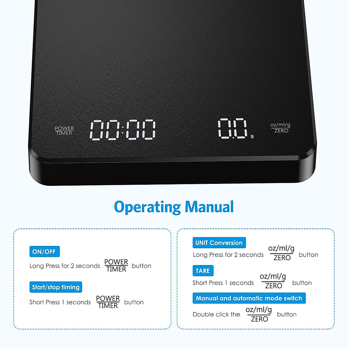 Olipiter Digital Coffee Scale with Timer, Drip Espresso Scale 3kg/0.1g High Precision, Rechargeable Portable Espresso Scale, Black