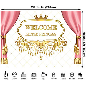 Royal Princess Baby Shower Backdrop Welcome Little Princess Birthday Party Photography Backdrop Pink Curtain Golden Crown Background Baby Little Girls Shower Decorations 7x5ft (Pink Princess)