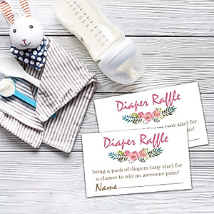 Pink Flowers Diaper Raffle Tickets for Baby Shower Invitation Inserts - 50 Baby Shower Game Cards.