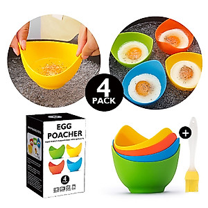 Egg Poacher - Easy Silicone Egg Poacher Cups with Ring Standers，Food Grade Poached Egg Poacher Insert Microwave,Poached Eggs Accessory cookware Poached Egg Maker with Extra Oil Brush, BPA Free, 4 Pack
