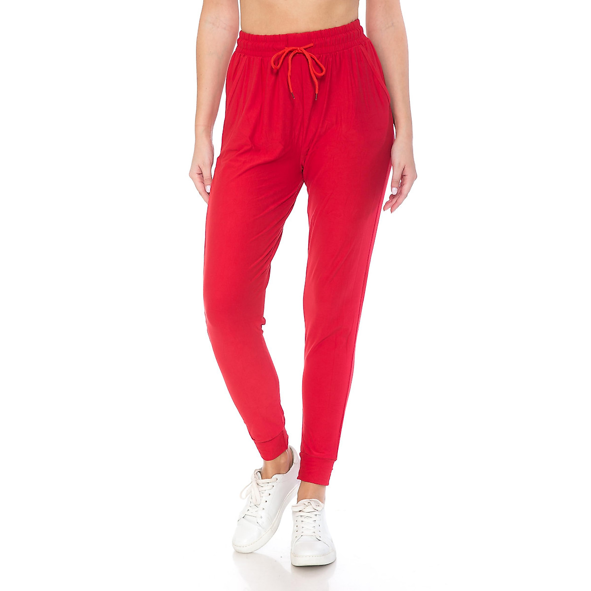 Leggings Depot Womens Relaxed fit Jogger Pants - Track Cuff Sweatpants with Pockets, Red, Small
