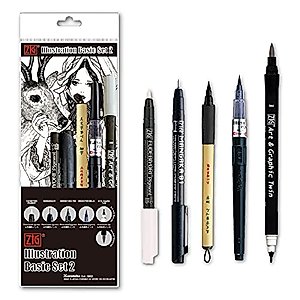 Kuretake Zig Inktober Special Set, Illustration Basic Set 2, 4 Black Markers and 1 White Brush Pen, for Manga Drawing, Lettering and Calligraphy, Professional Artist Quality, Made in Japan
