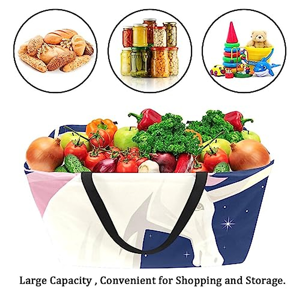 KQNZT Reusable Grocery Bags, Heavy Duty Reusable Shopping Bags, Large Tote Bags with Long Handles and Reinforced Bottom, Unicorn Cartoon Castle