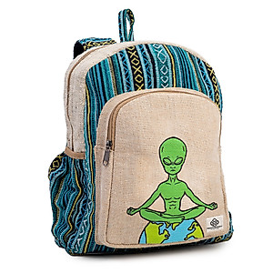 Meditating Alien Hemp Backpack Bag - Eco Friendly Hippie Yak Design Durable Functional Traveling Hiking Friendly Casual Daypack Bag by Freakmandu