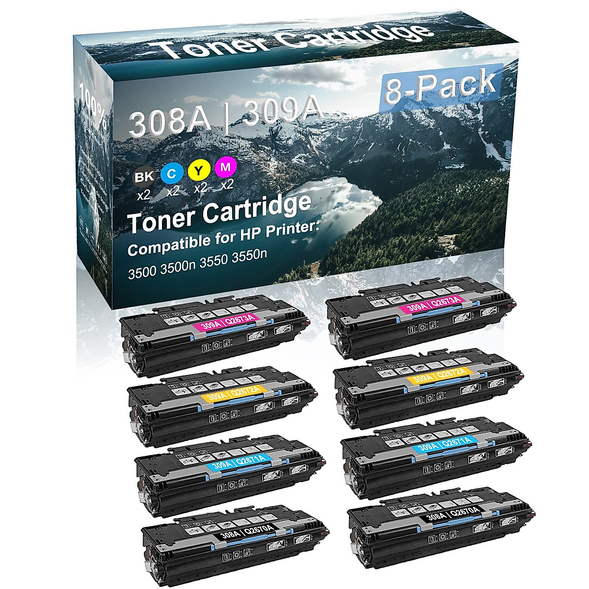 8-Pack (2BK+2C+2Y+2M) Compatible 3500 3500n 3550 3550n Printer Toner Cartridge High Capacity Replacement for HP 308A 309A | Q2670A Q2671A Q2672A Q2673A Toner Cartridge