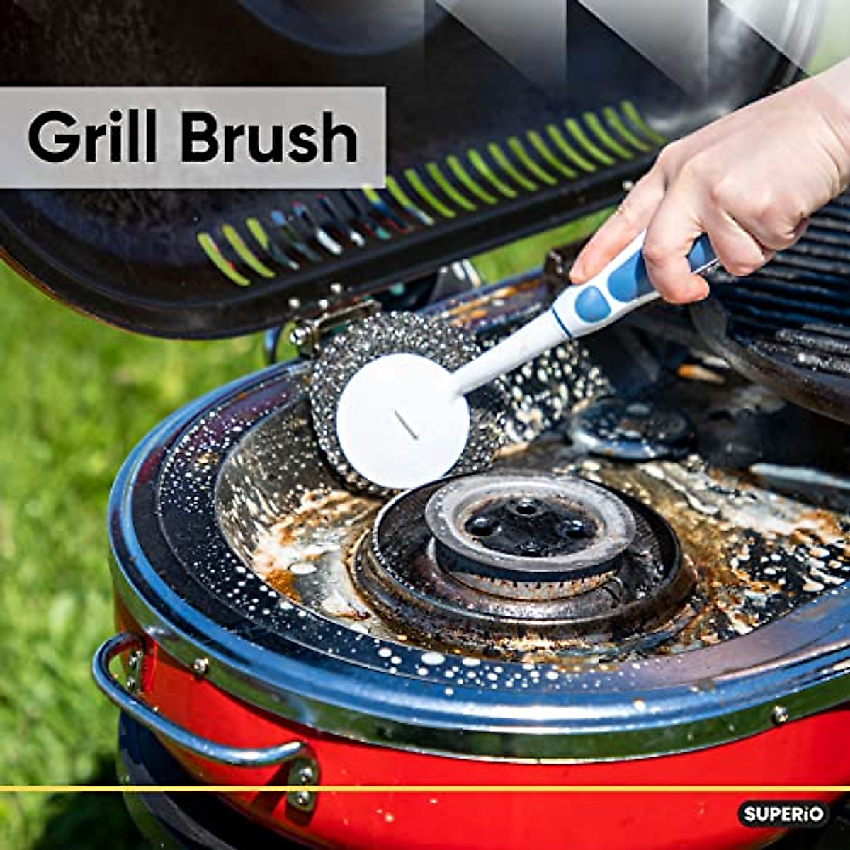 Superio Grill Scraper BBQ Brush with Long Handle and 2 Refills Blue- Grill Cleaner Stainless Steel Scourer for Barbecue, Frying Pan, Pot, Porcelain, Weber Gas, Charcoal Grill