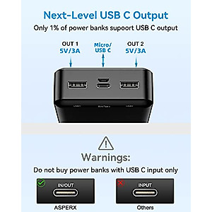 AsperX [ 5V 3A Fast Charging 20000mAh Portable Charger Power Bank [ USB C Out & in ] [ Dual USB A ] High-Speed Ultra Compact External Battery Pack for iPhone, Samsung, Android and More