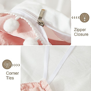 Bedbay Pink and White Duvet Cover Girls Bedding Twin Preppy Bedding Boys Kids Cute Pom Pom Bedding Set Aesthetic Room Decor Ultra Soft Microfiber Boho Bedding Set(White&Pink,Twin)