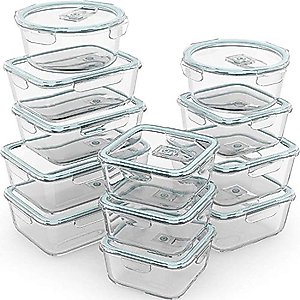 Razab 24 Pc Glass Food Storage Containers Airtight Lids Microwave/Oven/Freezer & Dishwasher Safe - Steam Release Valve BPA/ PVC-Free -Small & Large Reusable Round, Square & Rectangle Bento Containers