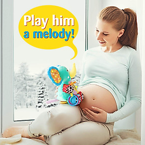 OKIKI Elephant Plush Stuffed Infant Toy, Baby Development Toys with Musical Box, Squeaky Feet, Kids Mirror, BPA Free Teether - Stroller, Crib, Carseat Baby Toys