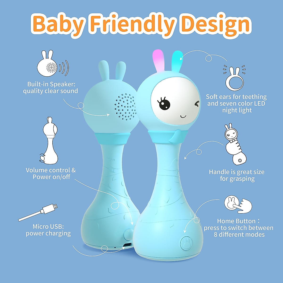 alilo Yoyo Talking Bunny Baby Singing Musical Rattle, Mimicking Toys Repeats What You Say, Preloaded 90+ Quality Audio Content, ABC/Number/Notes Learning Toys for Toddlers, Infant Newborn Baby Gifts