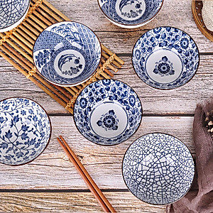 VanEnjoy Set of 4 Japanese Style Ceramic Rice Bowl with Gift Box,Blue and White Pattern Bowls Set,Underglazed Dinnerware, For Dessert Snack Cereal Soup Portion Control Bowl