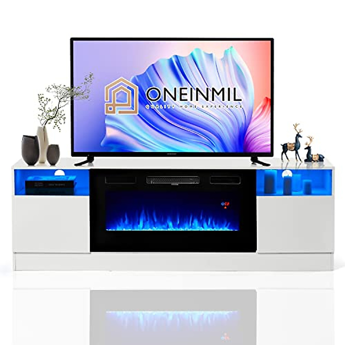 oneinmil Fireplace TV Stand with 36" Electric Fireplace, LED Light Entertainment Center, Modern Wood Texture Entertainment Stand with Highlight Storage Cabinet for TVs Up to 80", 70 inches,White