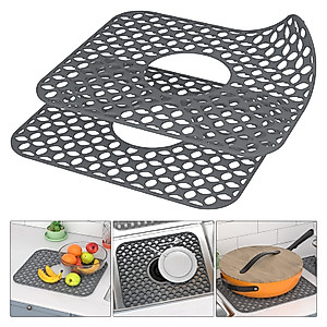 Kitchen Sink Mats, TOOVEM 2PCS Non-Slip Heat Resistant Silicone Sink Protector Mat for Bottom of Stainless Steel Porcelain Sink, Folding Farmhouse Rear Drain Sink Mats, Center Drain