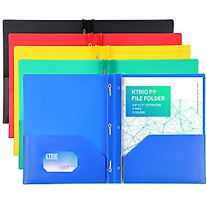 KTRIO File Folders Pocket Folders with Prongs - (5 Pack, Assorted Colors) 2 Pocket 3 Prong Folders with Pockets and Fasteners Letter Size Colored Plastic Folders for School Office Home, Heavy Duty
