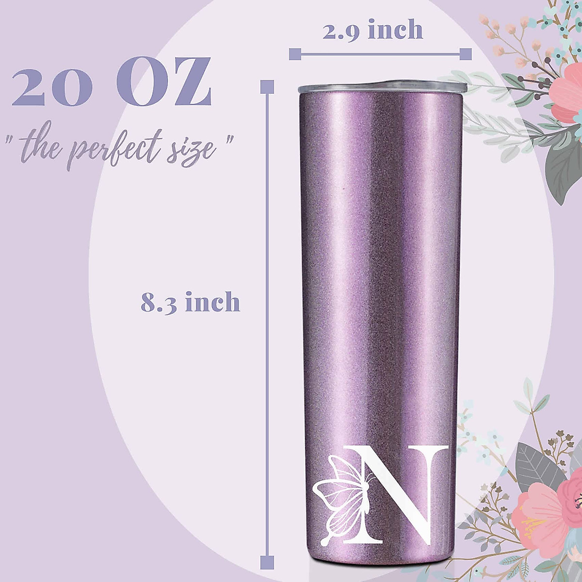 Purple Butterfly Gifts with Initial for Butterfly Lovers, Initial 20oz Stainless Steel Wine Tumbler with Butterfly Alphabet Design, Perfect for Women & Girls, Birthday, Christmas, Mother's Day - J