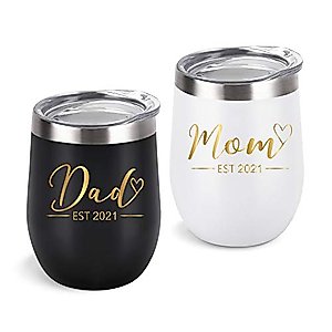 Homlouue New Parents Wine Tumbler Set, Mom Dad Est 2021 Tumbler Set for New Mom Baby Shower New Parents New Pregnancy Baby Announcement, 12 Oz Insulated Stainless Steel Wine Tumbler, Black and White