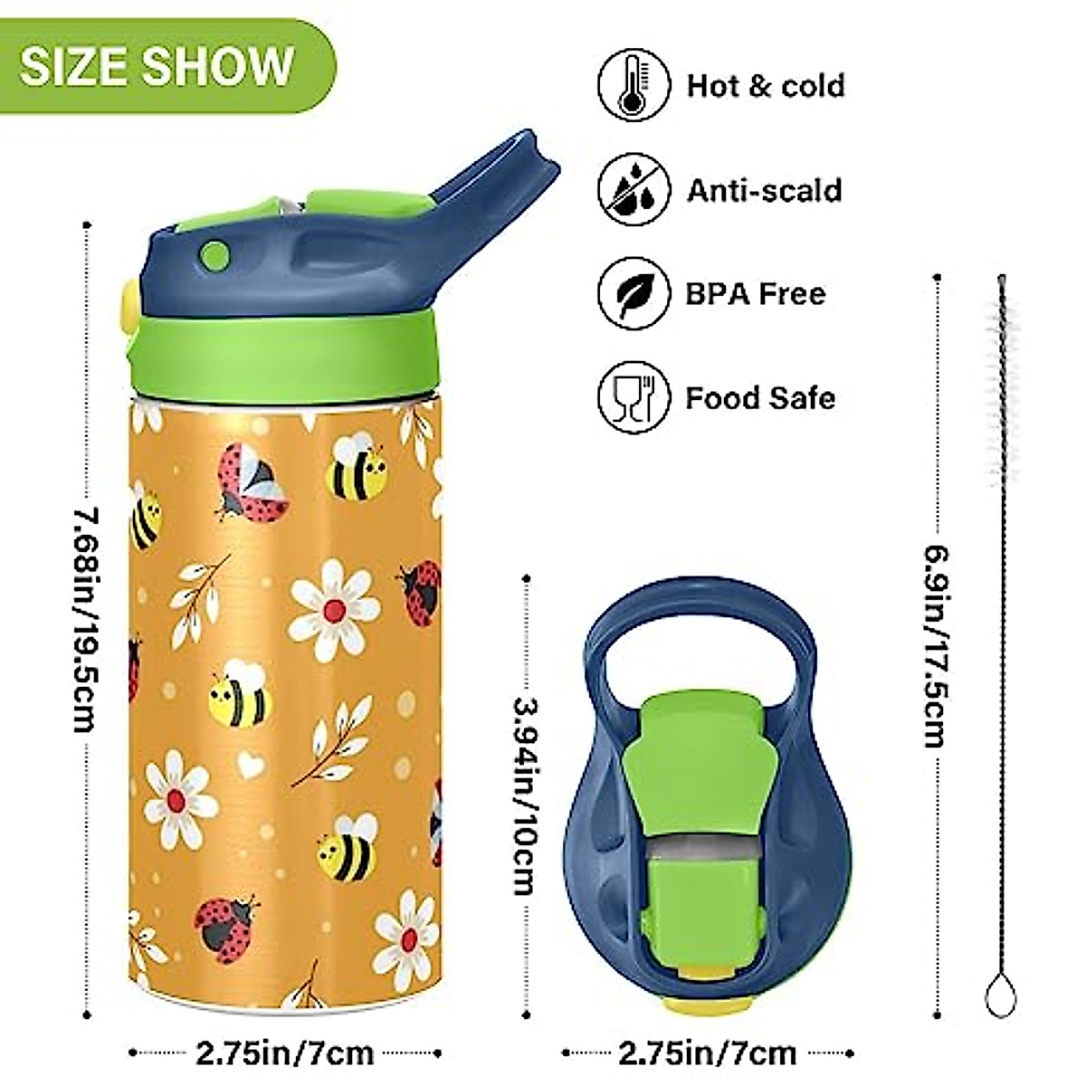 Kcldeci Insulated Water Bottle with Straw for Sports and Travel Cute Bees Ladybug Sports Water Bottles Keep Cold for 24 Hours and Hot