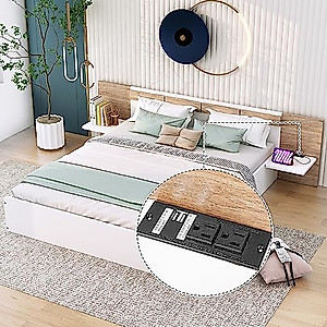 Linique Queen Size Platform Bed with 2 Drawers,Headboard,Shelves,USB Ports and Sockets,Queen Wooden Platform Bed Frame for Bedroom,No Need Spring Box(White)