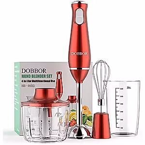 DOBBOR Immersion Blender, 1000W 4 in 1 Hand Blender with Chopper, Whisk, 600ML Mixing Beaker, Electric Stick Blender, Ergonomic handle with Anti Splash & Collision