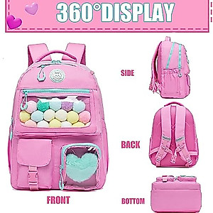 ZBAOGTW Cute Backpack for Girls Aesthetic Backpack Clear, Backpack with Lunch Box Casual Bag Pink Backpack for Elementary School Teens Back to School Supplies