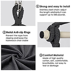 Y- Stop Hammock Chair Hanging Rope Swing, Max 500 Lbs, 2 Seat Cushions Included, Quality Cotton Weave for Superior Comfort, Durability with Hardware kit (Dark Grey)