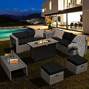 Tangkula 9 PCS Patio Furniture Set with 42” 60,000 BTU Fire Pit, Outdoor Space-Saving Sectional Sofa Set with Storage Box, CSA & ETL Approved Propane Fire Pit Table, Waterproof Covers Included (Black)
