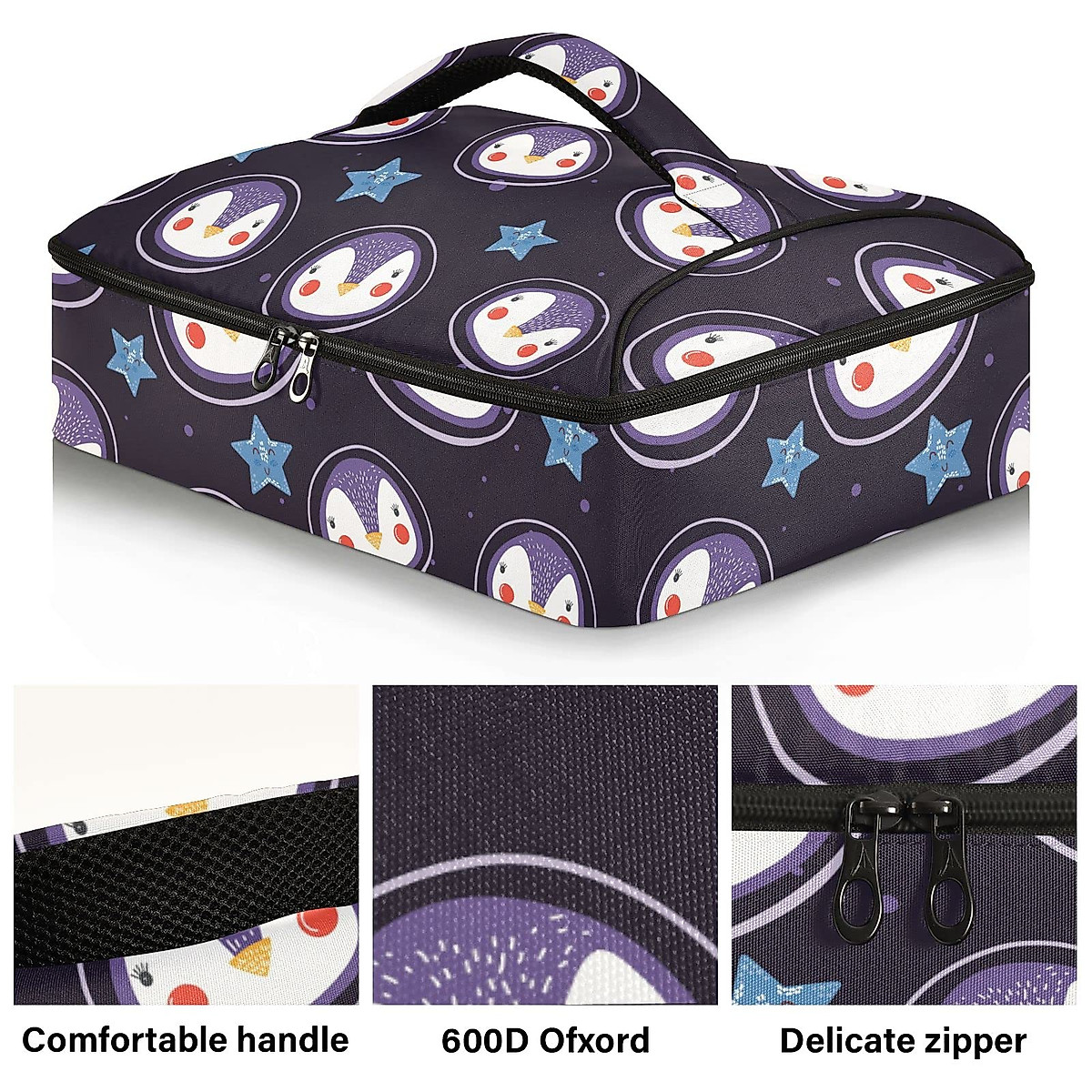 NFMILI Casserole Carrier for Hot and Cold Cartoon Penguin Face Print, Insulated Food Delivery Bag Reusable Warmer Carrier Bag with Inner Pocket Aesthetic Print 15.75×11.81×3.94 inch