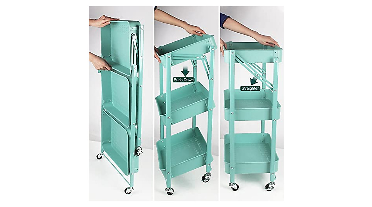 Todeco 3-Tier Foldable Plastic Rolling Storage Cart - Portable Organizer