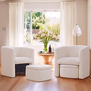 COLAMY Upholstered Sherpa Barrel Chair with Ottoman Set of 2, Modern Single Sofa Accent Lounge Chair Armchair Club Chair with Storage Space-Saving for Living Room Bedroom Office, Cream