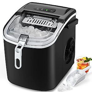 FREE VILLAGE Countertop Ice Maker, Portable Ice Maker w/Handle, 6 Mins 9 Pcs Ice, 26 lbs Ice/24Hrs, Self-Cleaning, w/Ice Bags, Scoop & Basket, Ice Machine for Home/Kitchen/Office/Party, Black