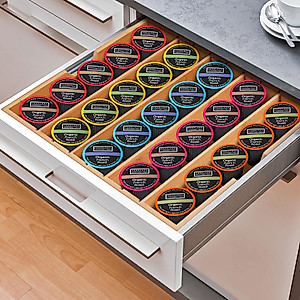 TRUSBER Bamboo K Cup Holder for Counter, Coffee Pod Drawer Organizer Compatible with Nespresso Vertuo Capsules, 25-36 K Cup Drawer Organizer for Coffee Station Home and Office K Cup Storage