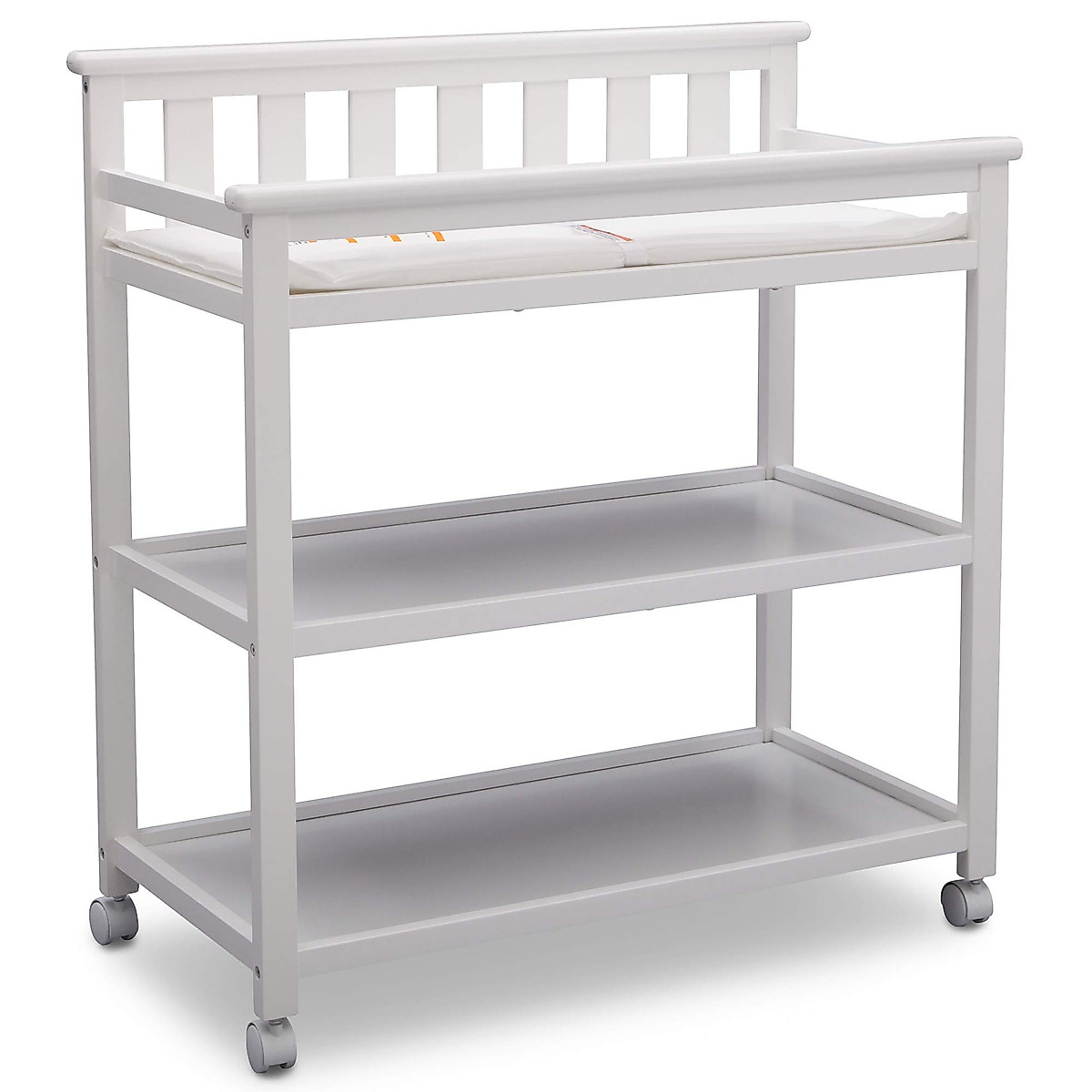 Delta Children Flat Top Changing Table with Casters, Bianca (White) and Waterproof Baby and Infant Diaper Changing Pad, Beautyrest Platinum, White