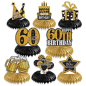 60th Birthday Decoration Honeycomb Centerpieces for Women Men, 8 Pcs Black Gold Cheers to 60 Years Table Centerpiece Toppers, 60 Birthday Party Creative Table Sign Décor, Easy Set Up, Vicycaty