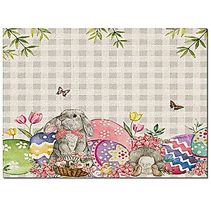Easter Area Rugs for Living Room/Bedrooom, 2'x3' Area Rug Non-Slip, Cute Bunny Eggs Spring Floral Tulip Botanical Grey Plaid Kids Room Area Rug Washable Accent Floor Carpet Runner Indoor Outdoor