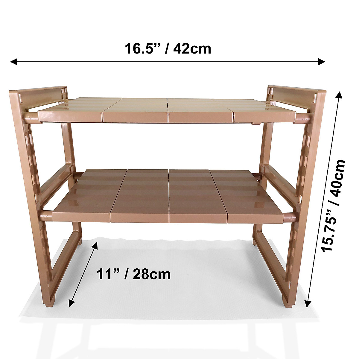 Katai - 2 Tier Under Sink Adjustable Shelf Organizer Rack in Coffee - Expandable from 15 inch to 26 inch (40cm - 70cm) with 10 Removable Shelves - Complete with Waterproof Anti-Slip Mat