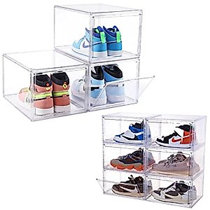 Attelite 3 Pack X-Large Drop Front +6 Pack Large Side Open Clear Plastic Shoe Organizer Box, Stackable Shoe Containers for Display Sneakers